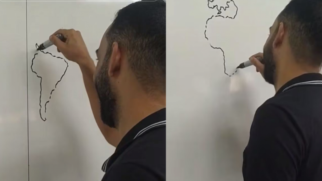 Profesor sorprende con talento para dibujar el mapa del mundo